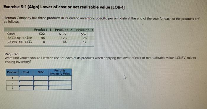Solved Exercise 9-1 (Algo) Lower of cost or net realizable | Chegg.com