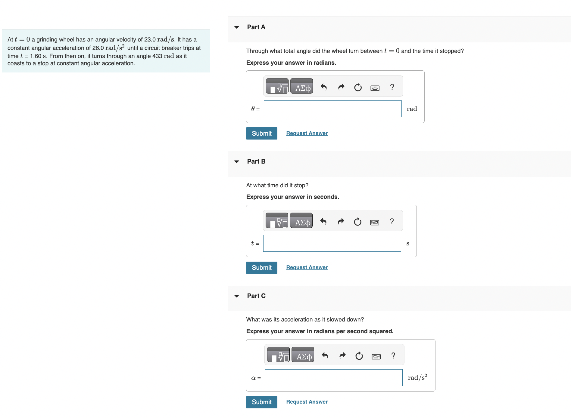 Solved Part AAt t=0 ﻿a grinding wheel has an angular | Chegg.com