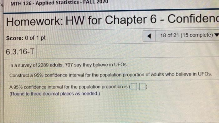 Solved en MTH 126 - Applied Statistics - FALL 2020 Homework: | Chegg.com