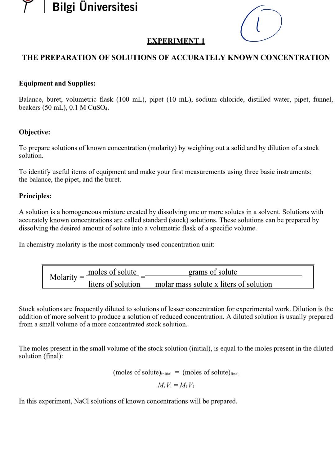 EXPERIMENT1 THE PREPARATION OF SOLUTIONS OF | Chegg.com