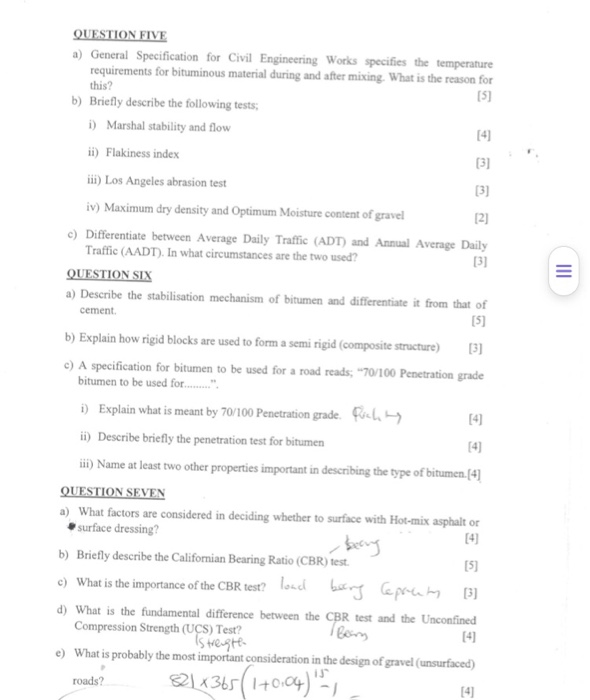 Solved = QUESTION FIVE a) General Specification for Civil | Chegg.com