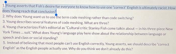 1. Young asserts that Fish's desire for everyone to | Chegg.com