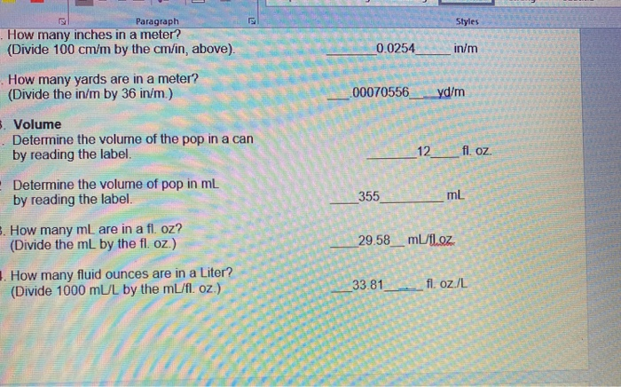 Solved Font Paragraph Styles METRIC LAB Length, Volume and | Chegg.com
