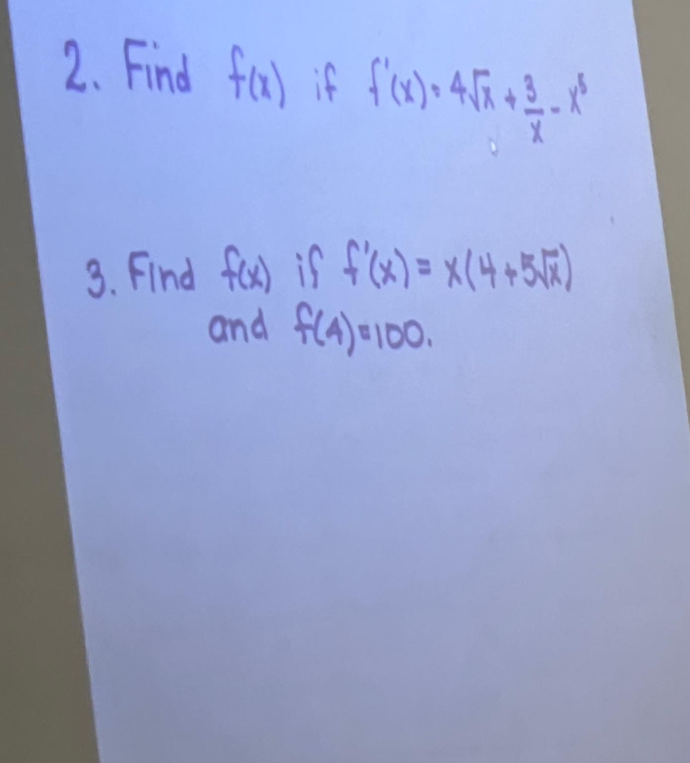 Solved 2. ﻿Find f(x) ﻿if f'(x) = 4x2+3x-x5 | Chegg.com