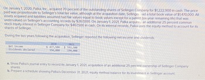 Solved On January 1, 2020. Palka, Inc, acquired 70 percent | Chegg.com
