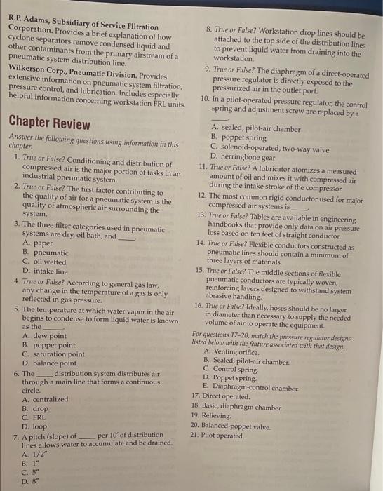 Solved R.P. Adams, Subsidiary of Service Filtration | Chegg.com