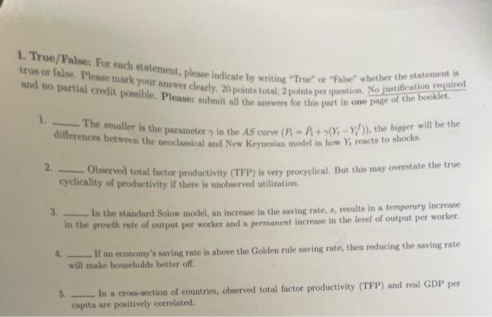 Solved 1. True/False: For each statement, please indicate by | Chegg.com