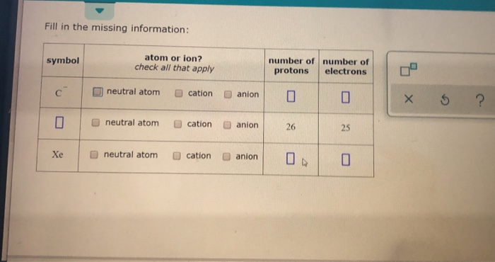 Solved Fill in the missing information : atom or ion? check | Chegg.com