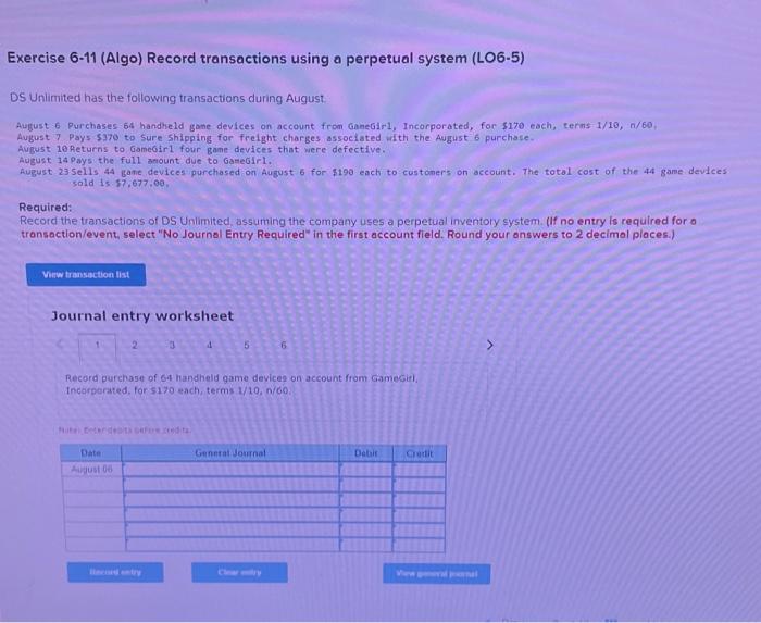 Solved Exercise 6-11 (Algo) Record transactions using a | Chegg.com