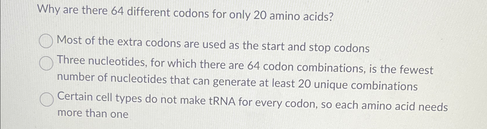 Solved Why are there 64 ﻿different codons for only 20 ﻿amino | Chegg.com