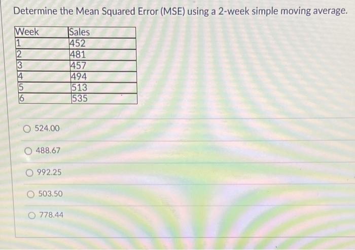 Solved Determine the Mean Squared Error (MSE) using a 2-week | Chegg.com