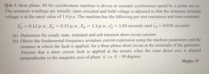 Solved Q.6 A three phase, 60 Hz synchronous machine is | Chegg.com