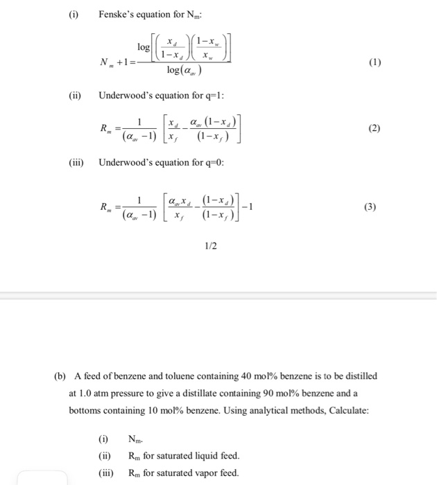 Solved (1) Fenske's equation for Nm: N.+1=2 log(a) | Chegg.com