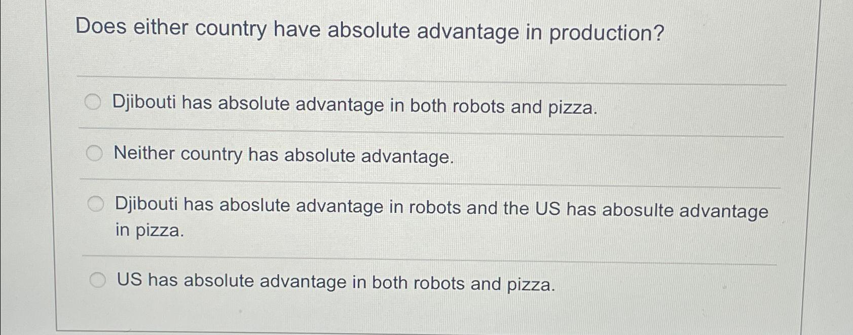 Solved Does either country have absolute advantage in | Chegg.com