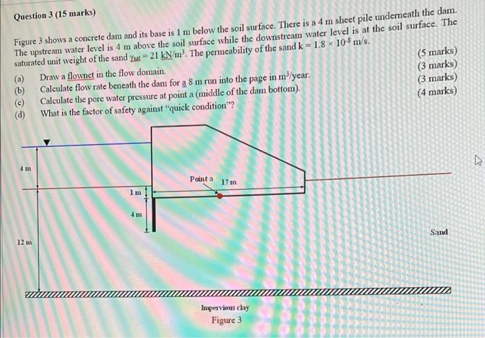 Solved Question 3 (15 marks) Figure 3 shows a concrete dam | Chegg.com