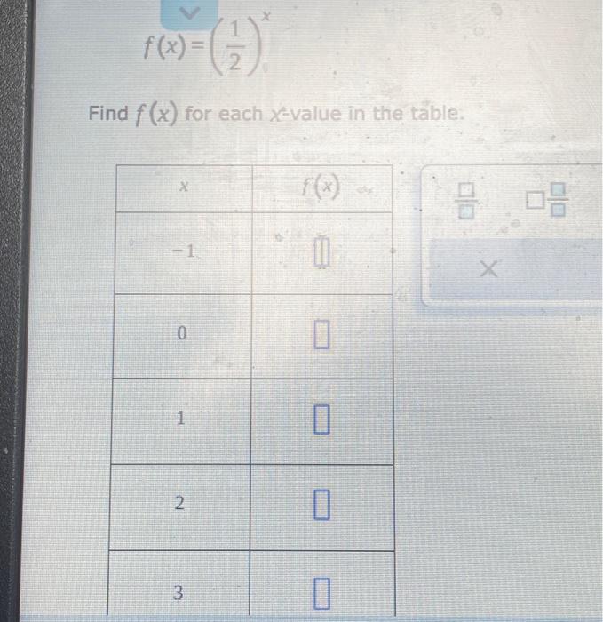 Solved f(x)=(21)x Find f(x) for each x-value in the table: | Chegg.com