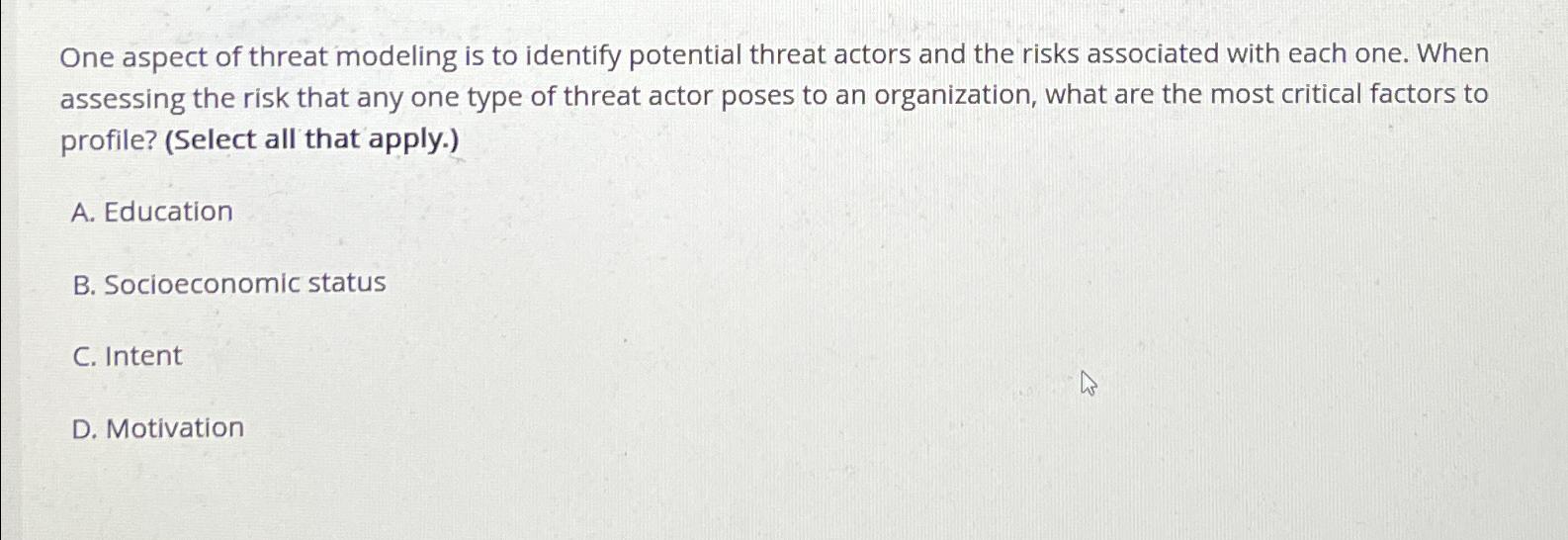Solved One aspect of threat modeling is to identify | Chegg.com