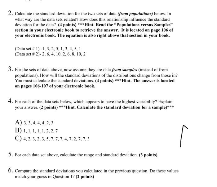 Solved 2. Calculate the standard deviation for the two sets | Chegg.com