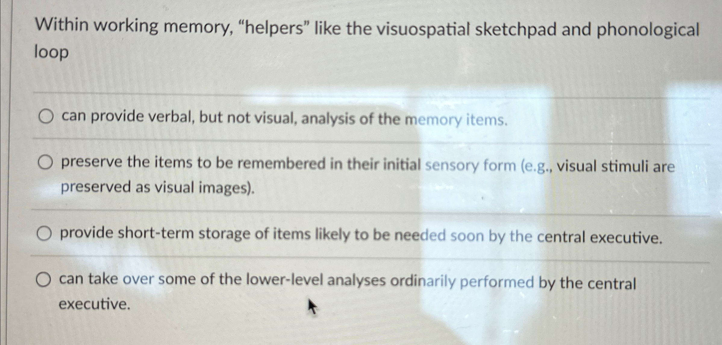 Solved Within working memory, "helpers" like the | Chegg.com