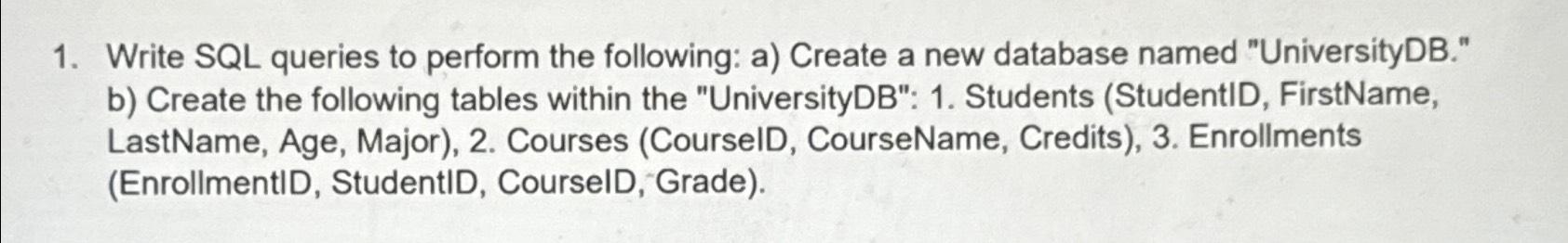 Solved Write SQL queries to perform the following: a) | Chegg.com