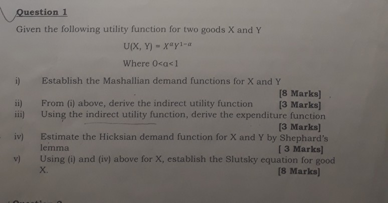 Solved Question 1 Given the following utility function for | Chegg.com