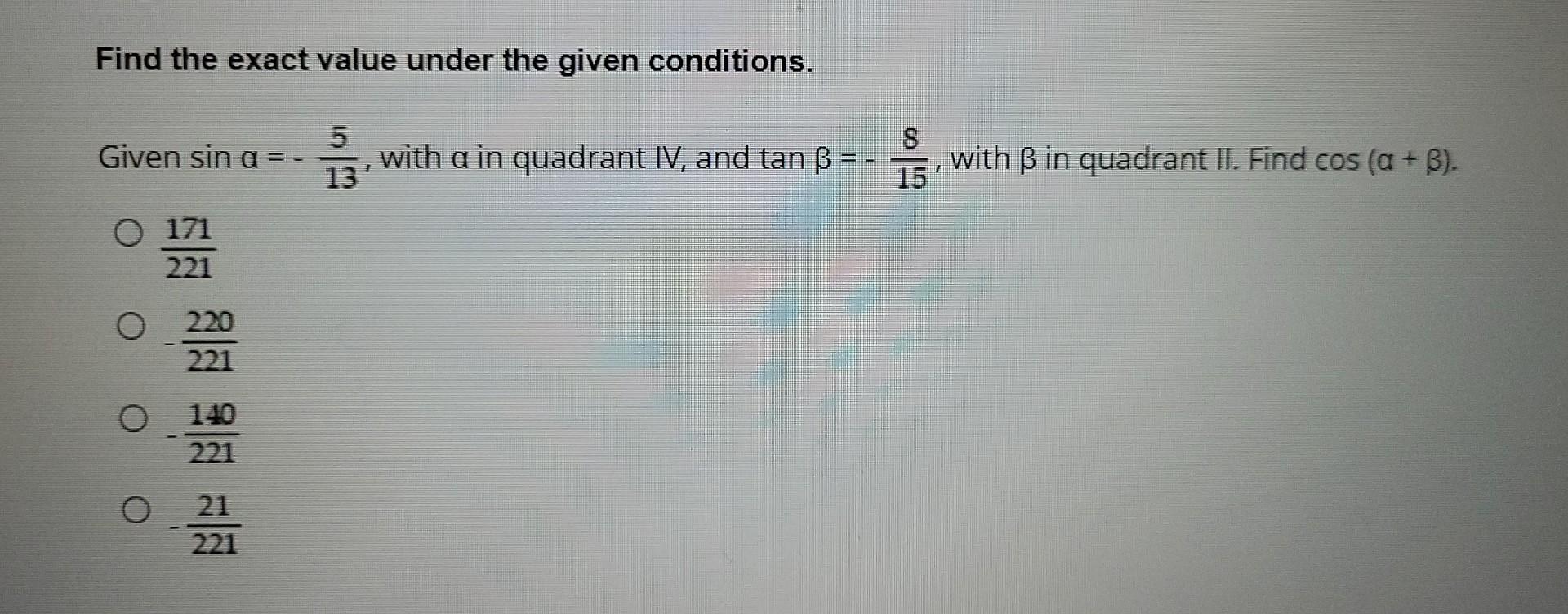 Solved Find the exact value under the given conditions. | Chegg.com
