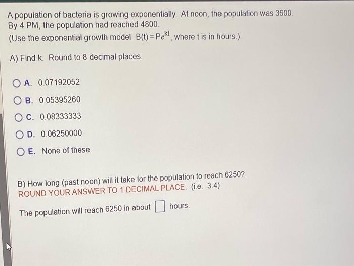 Solved A population of bacteria is growing exponentially. At | Chegg.com