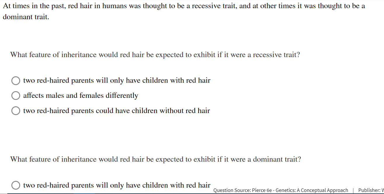 Solved What feature of inheritance would red hair be | Chegg.com