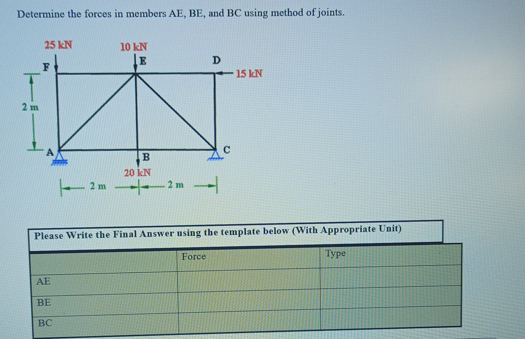Solved Determine the forces in members AE,BE, ﻿and BC ﻿using | Chegg.com