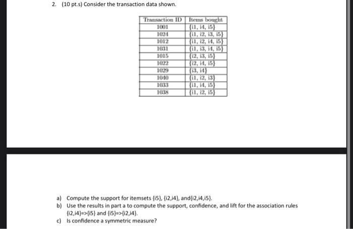 Solved 2 10 Pt S Consider The Transaction Data Shown A
