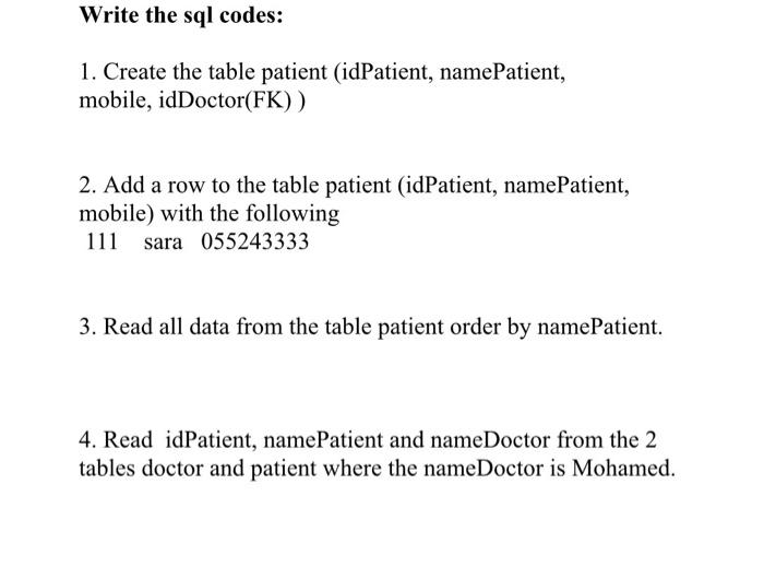 Solved Write the sql codes: 1. Create the table patient | Chegg.com