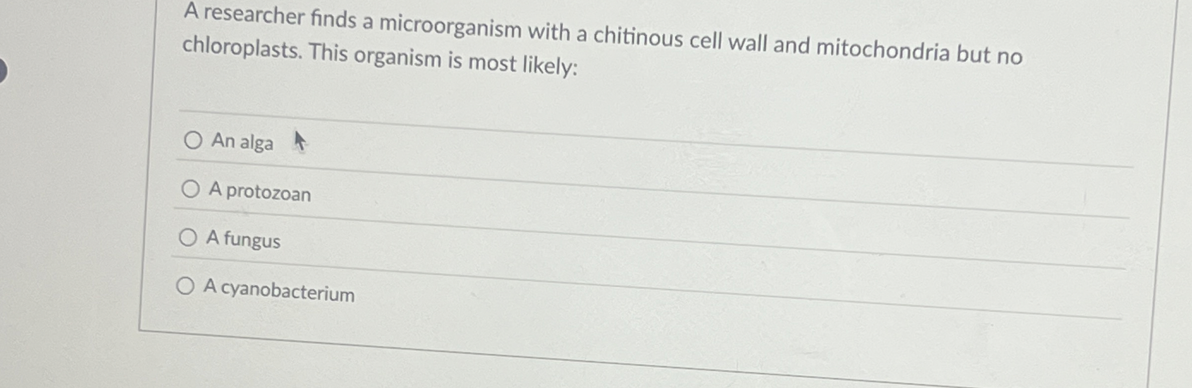Solved A researcher finds a microorganism with a chitinous | Chegg.com