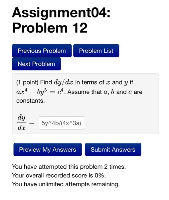 Solved Assignment04: Problem 12 (1 point) Find dy/dx in | Chegg.com