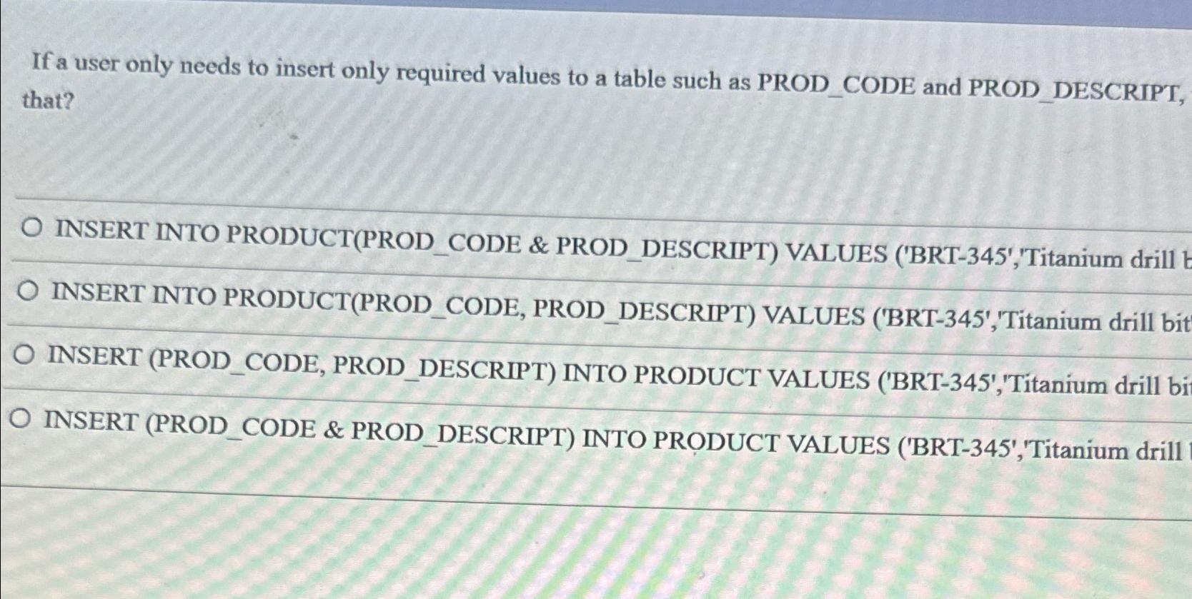 Solved If a user only needs to insert only required values | Chegg.com