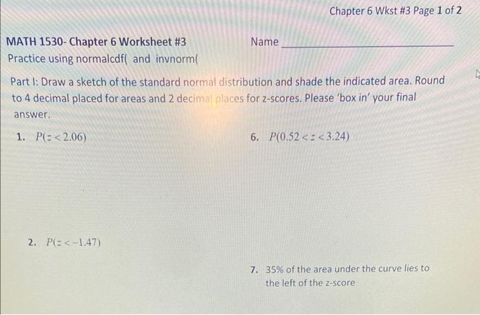 Solved Chapter 6 Wkst #3 Page 1 of 2 MATH 1530- Chapter 6 | Chegg.com