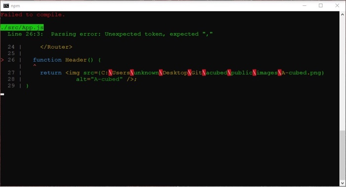 Solved es npm Failed to compile. ./src/App.is Line 26:3: | Chegg.com