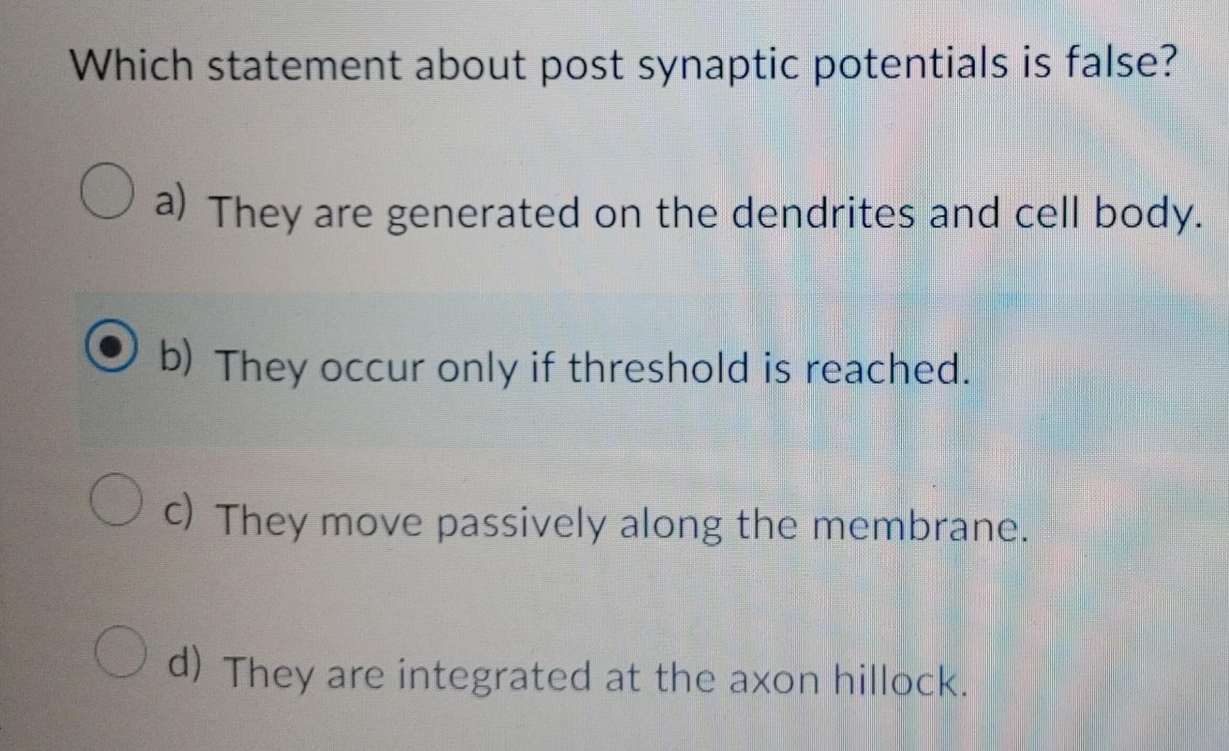 Solved Which statement about post synaptic potentials is | Chegg.com