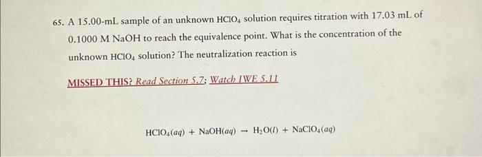 Solved 65. A 15.00−mL sample of an unknown HClO4 solution | Chegg.com