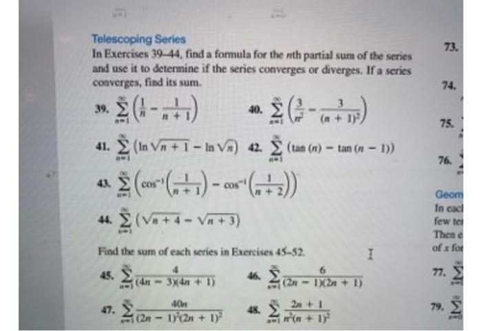 Solved Telescoping Series In Exercises 39-44, find a formula | Chegg.com