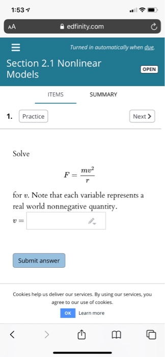 Solved 1:53 7 АА edfinity.com Turned in automatically when | Chegg.com