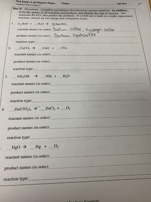 Solved Net Ionics Lab Report Pages Name lab day (a ir these | Chegg.com