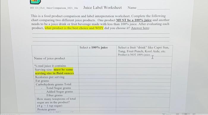 Solved This is a food product comparison and label | Chegg.com