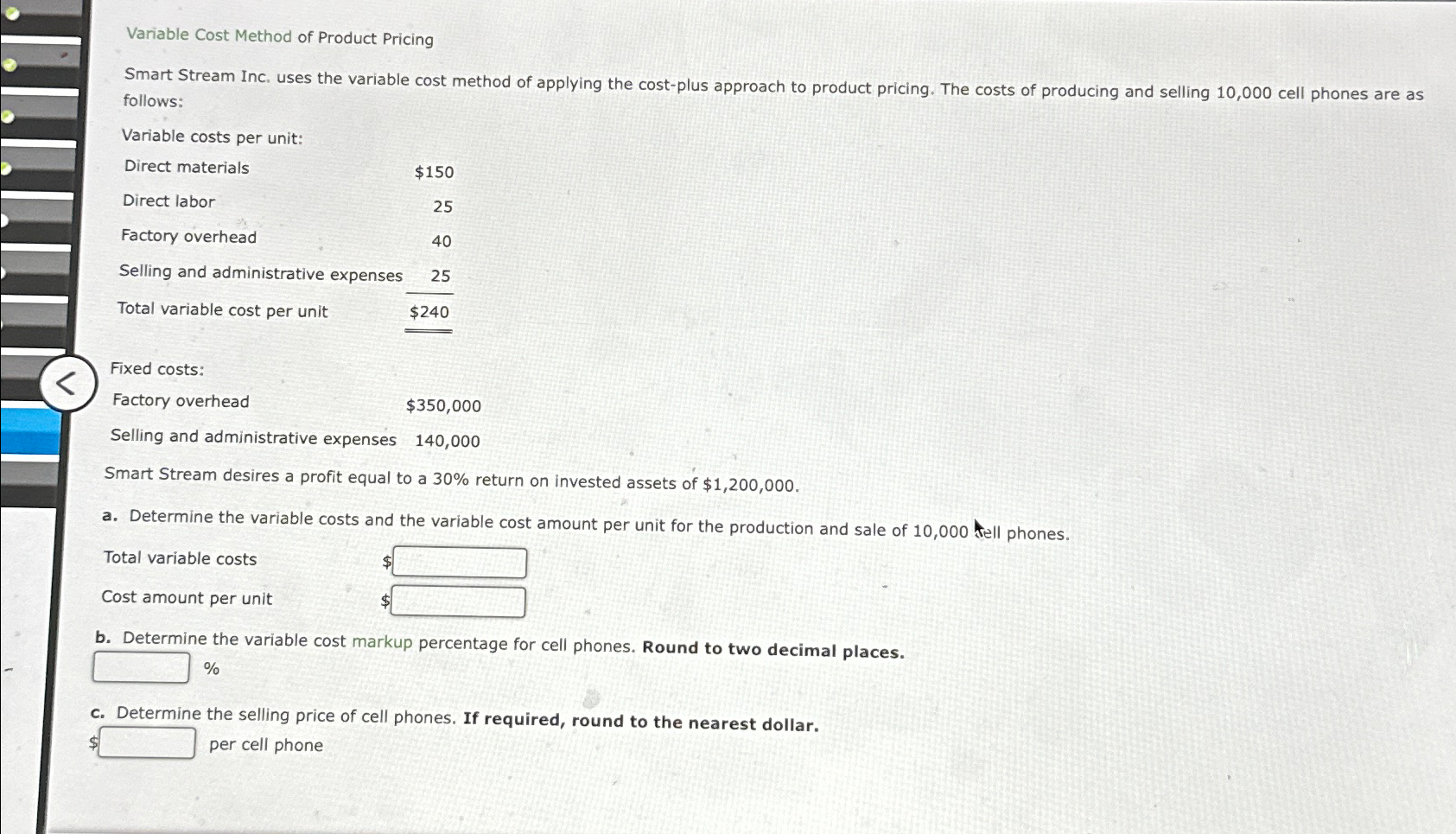 Solved Variable Cost Method of Product PricingSmart Stream | Chegg.com