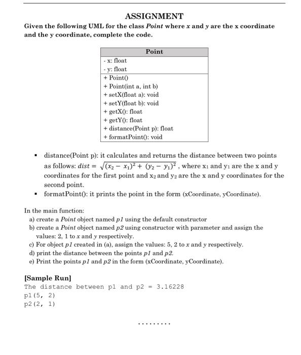 Solved ASSIGNMENT Given the following UML for the class | Chegg.com