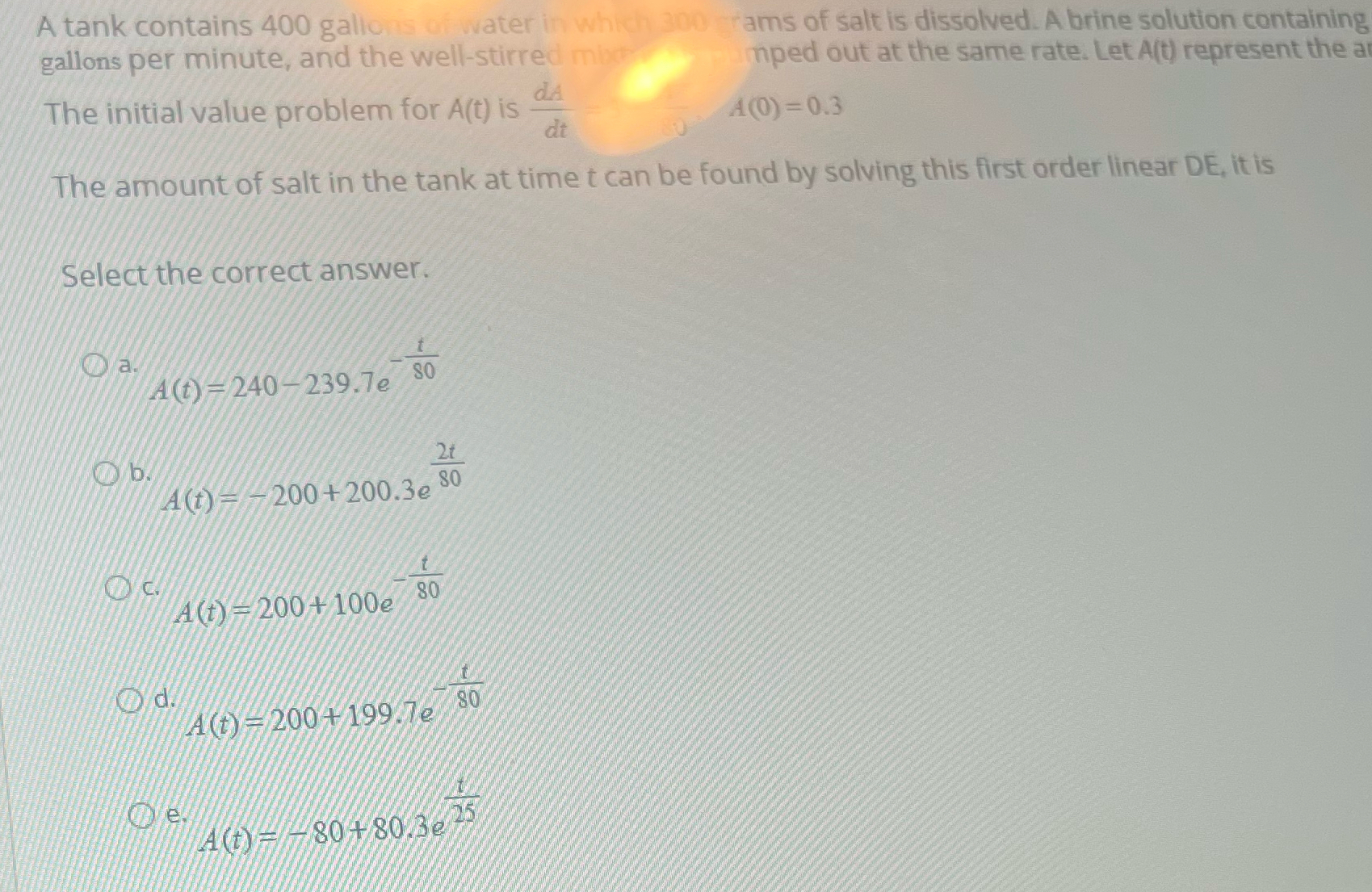 Solved A tank contains 400 ﻿gallo ors water in Which 300 | Chegg.com