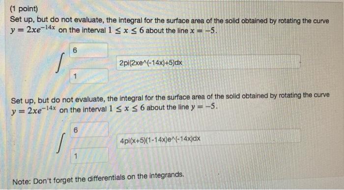 Solved (1 point) Set up, but do not evaluate, the integral | Chegg.com