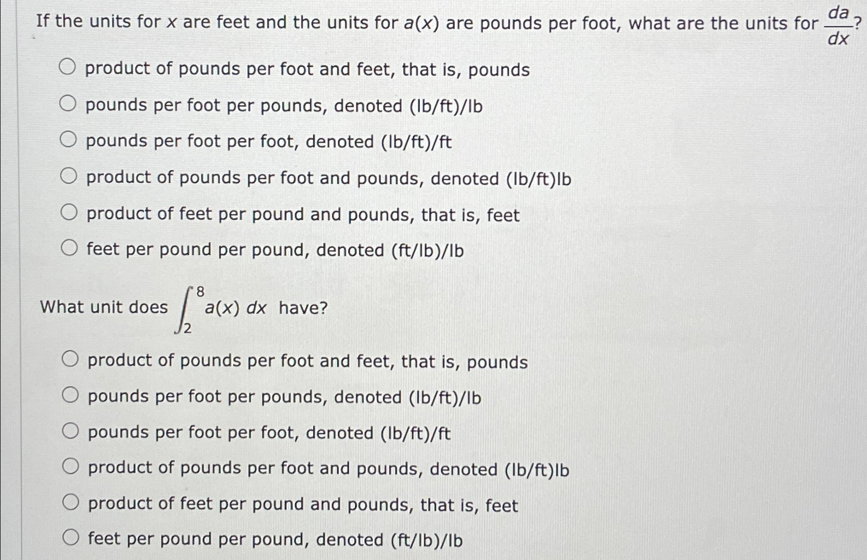 Solved If the units for x ﻿are feet and the units for a(x) | Chegg.com