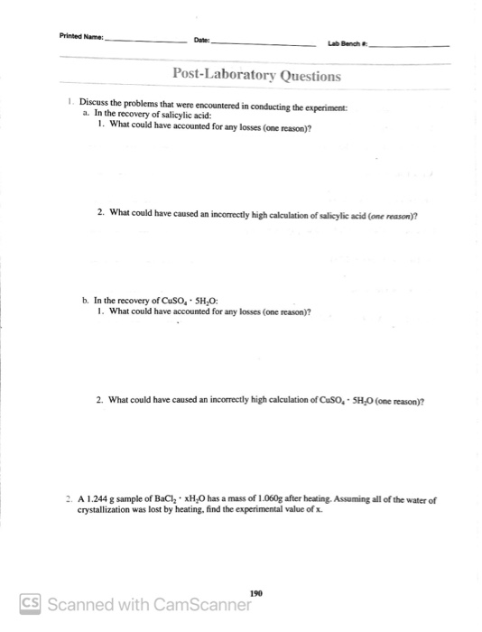 Solved Printed Name: Date Lab Bench Post-Laboratory | Chegg.com