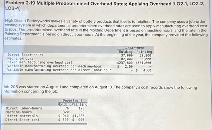 Problem 2-19 Multiple Predetermined Overhead Rates; | Chegg.com