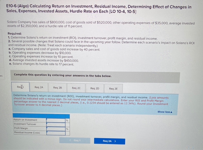 Solved E10-6 (Algo) Calculating Return on Investment, | Chegg.com